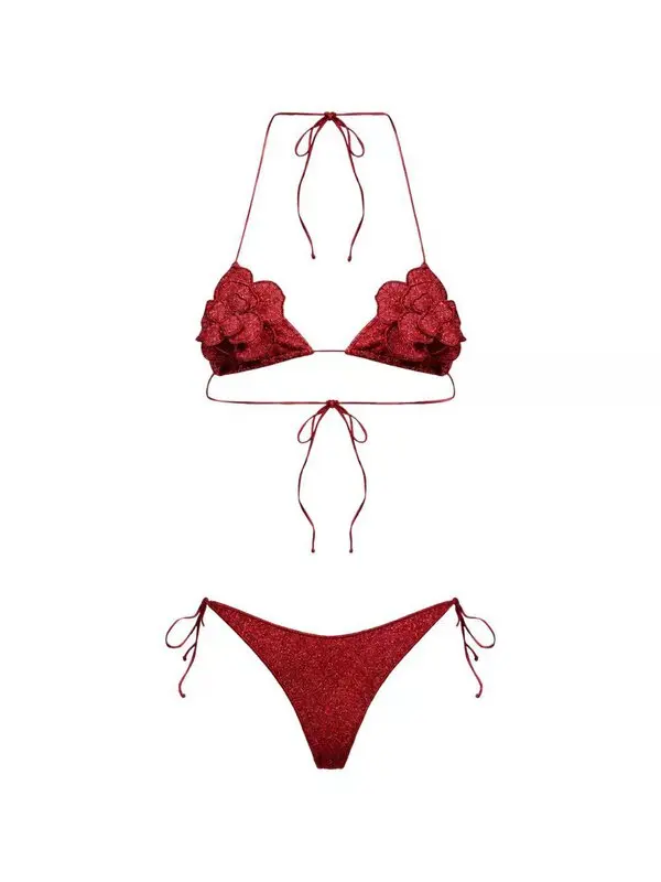 Oseree Lumière Floral-appliqué Lurex Bikini - Red