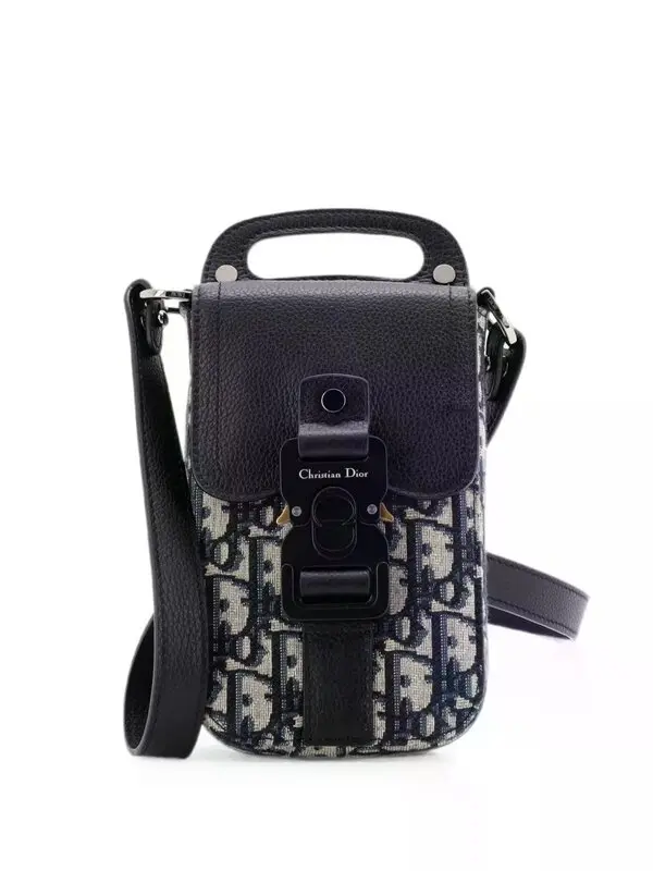 Dior Vertical Saddle Pouch With Strap Oblique Canvas And Leather Crossbody Bag - Black