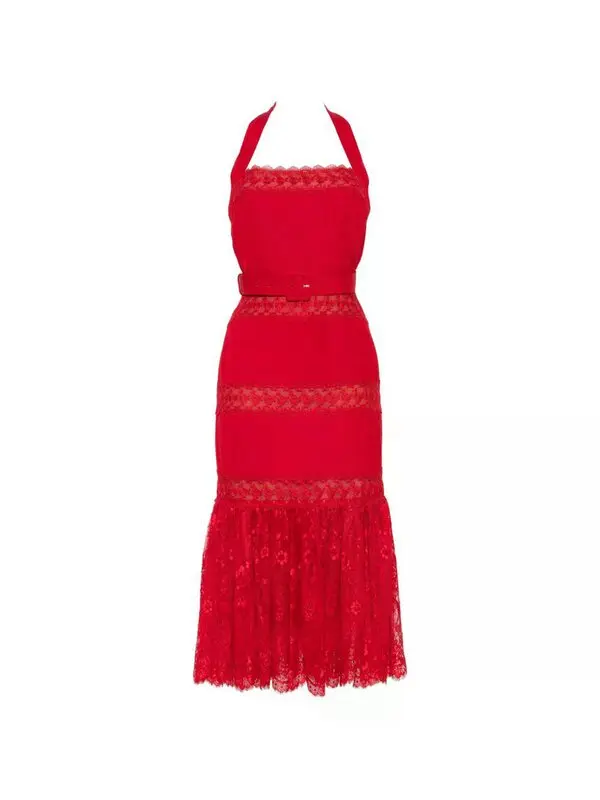 SELF-PORTRAIT Lace-panelled Belted Midi Dress - Red