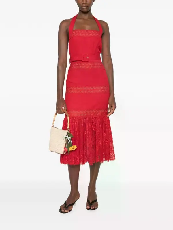 SELF-PORTRAIT Lace-panelled Belted Midi Dress - Red