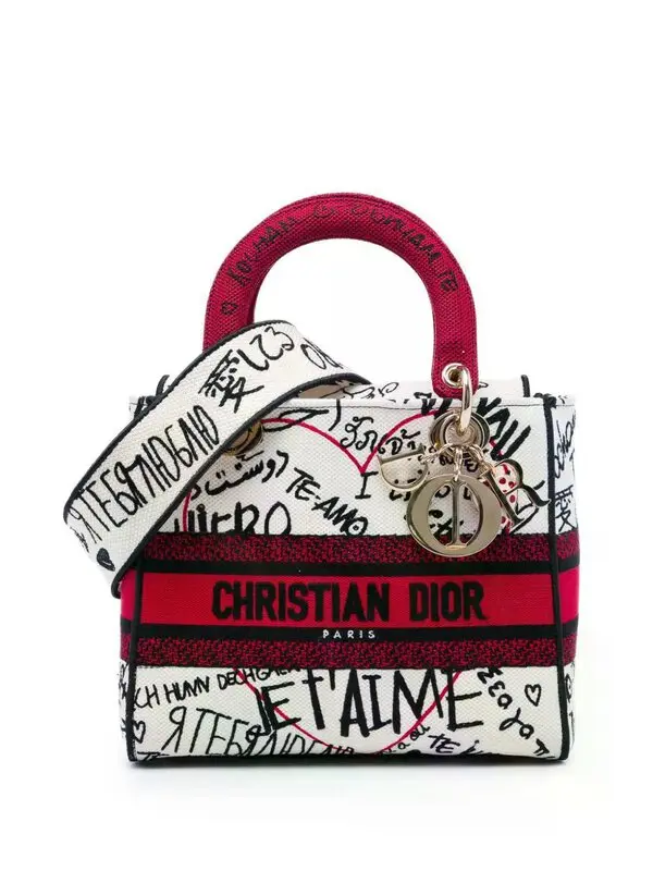 Dior 2020 Dioramour Medium Embroidered Canvas Graffiti Lady D Lite Satchel - White