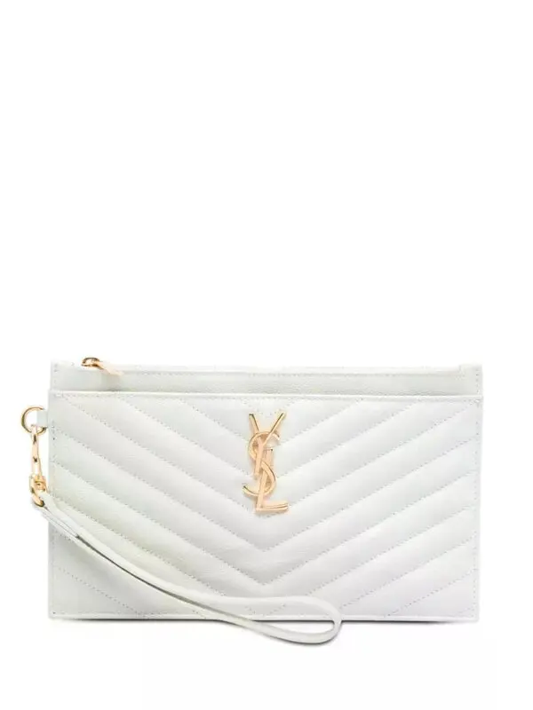 Saint Laurent 2022 Grain De Poudre Chevron Monogram Bill Pouch Clutch Bag - White