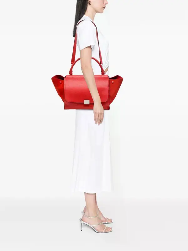 Celine Medium Drummed Calfskin And Suede Trapeze Satchel - Red