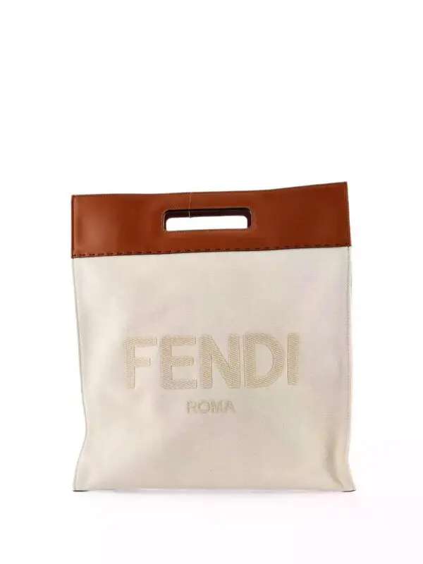 Fendi North South Logo Cutout Handle Shopper Canvas With Leather Tote Bag - Brown