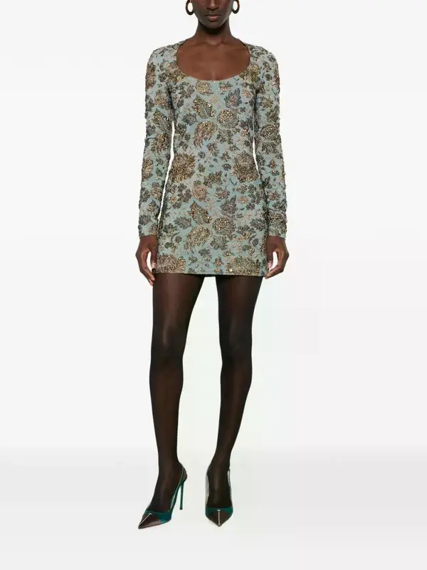 Saint Laurent Floral-brocade Long-sleeves Mini Dress - Blue