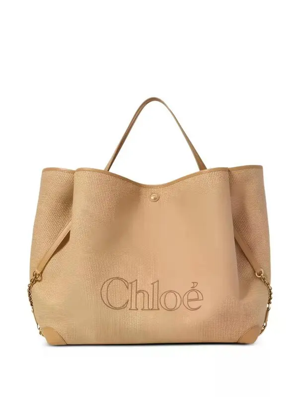 Chloé Large Clover Double Carry Bag In Raffia-effect Fibers - Neutrals