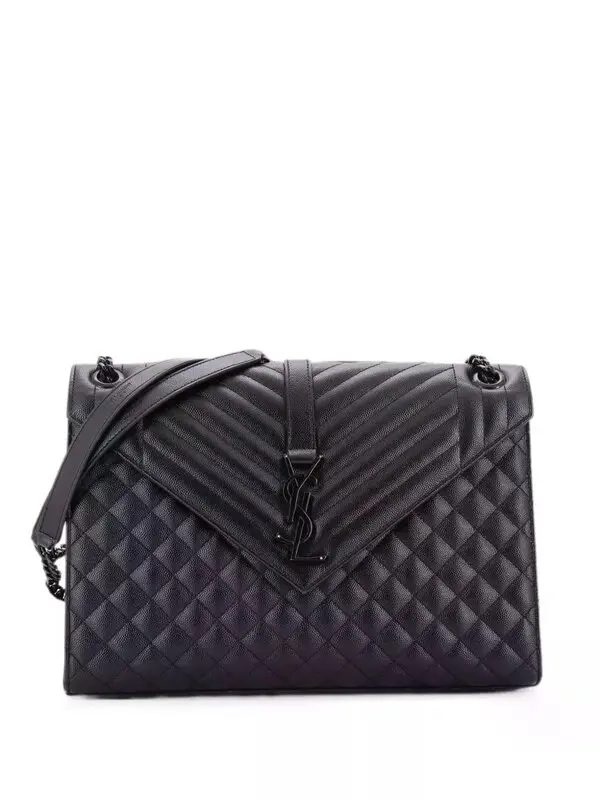 Saint Laurent Classic Monogram Envelope Satchel Mixed Matelasse Leather Large Shoulder Bag - Black