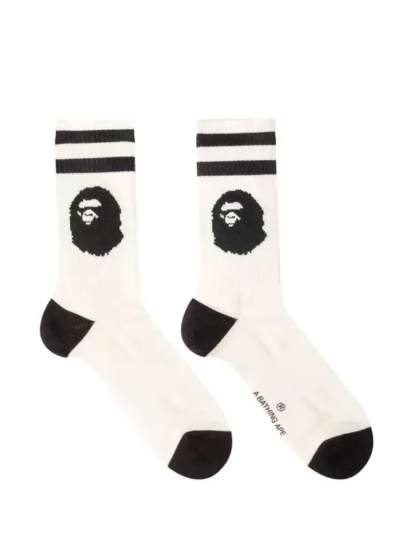 A BATHING APE Crew Socks With Ape Head Logo - White