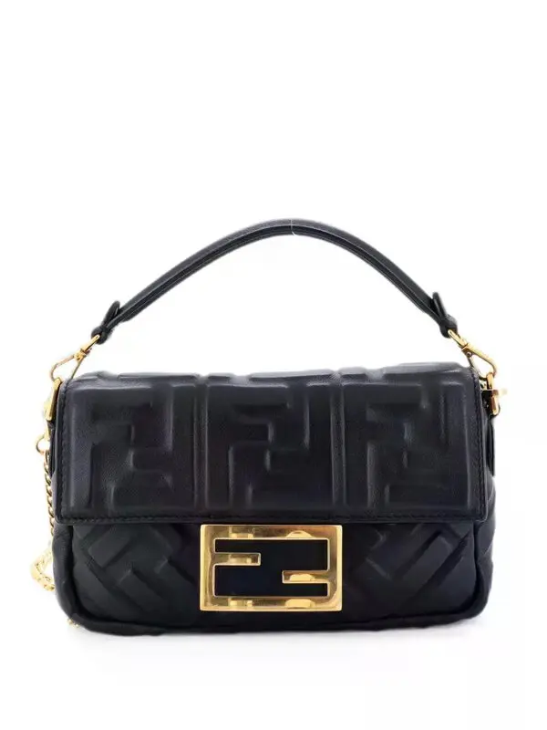 Fendi Baguette Nm Bag Zucca Embossed Leather Mini Crossbody Bag - Black