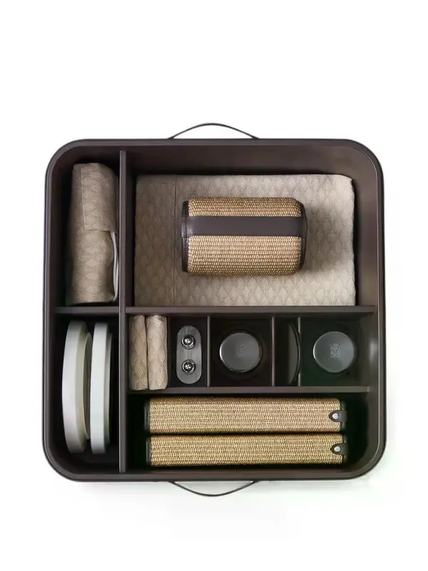Brunello Cucinelli Picnic Set In Leather And Raffia-effect Techno Cotton Box