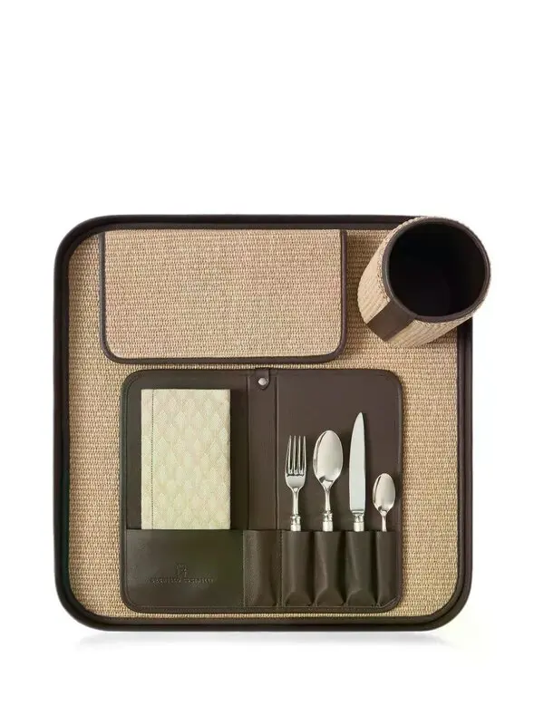Brunello Cucinelli Picnic Set In Leather And Raffia-effect Techno Cotton Box