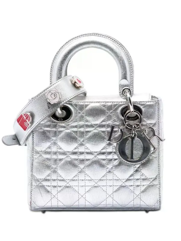 Dior 2018 Small Metallic Grained Calfskin Cannage My Abcdior Lady Satchel - Silver