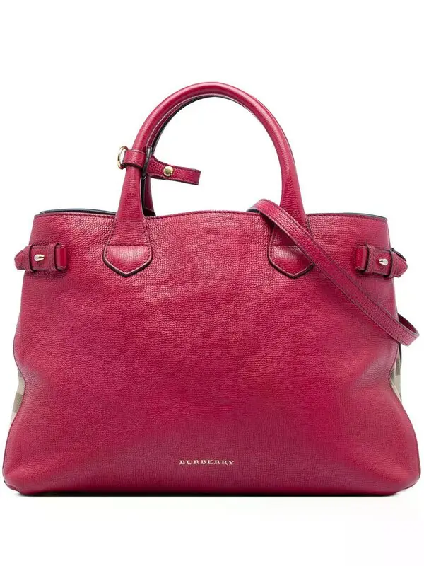 Burberry 2000-2017 Medium Leather And House Check Canvas Banner Satchel - Red