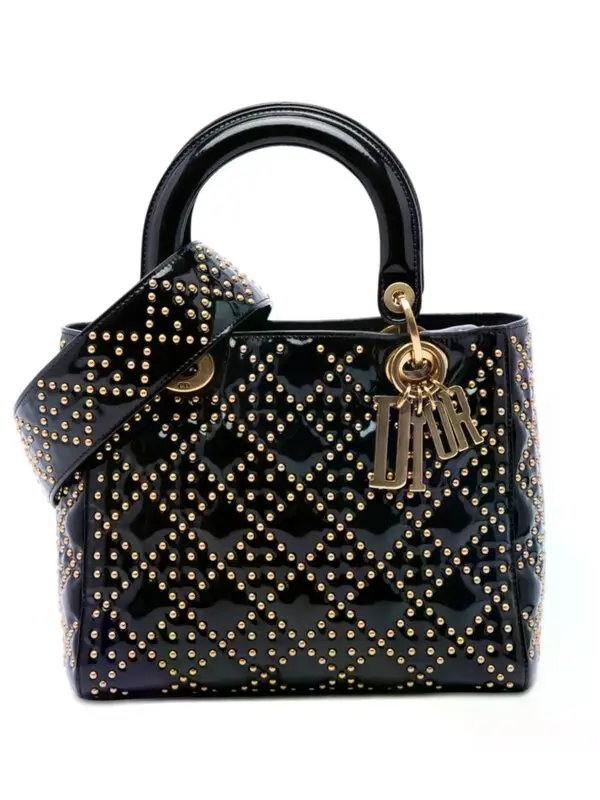 Dior 2017 Medium Patent Cannage Studded Supple Lady Satchel - Black