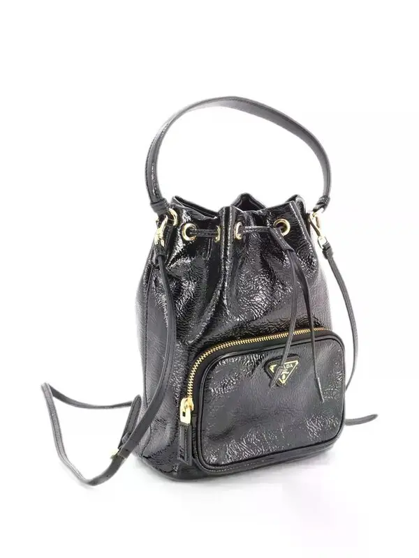 Prada Patent Drawstring Pocket Small Bucket Bag - Black