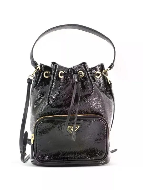 Prada Drawstring Pocket Patent Small Bucket Bag - Black