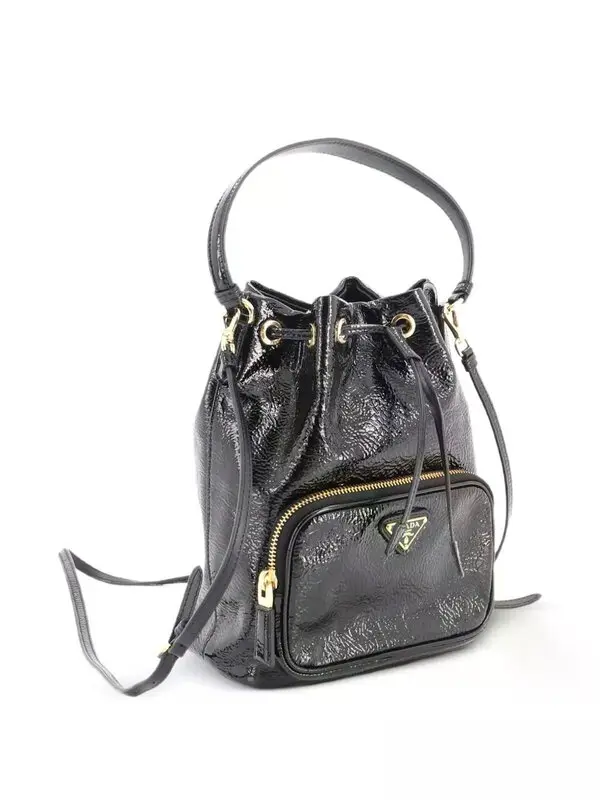 Prada Drawstring Pocket Patent Small Bucket Bag - Black