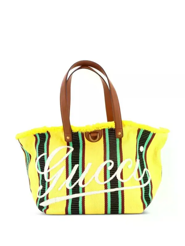Gucci Script Open Embroidered Stripe Canvas With Leather Medium Tote Bag