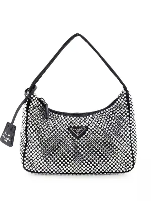 Prada Re-edition 2000 Crystal Embellished Satin Mini Hobo Bag - Black