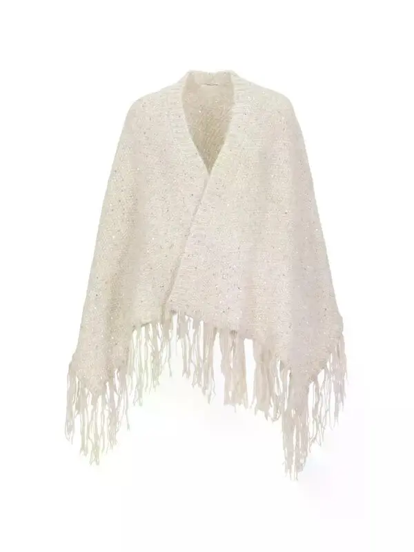 Peserico Sequin-embellished Fringed Cape - White