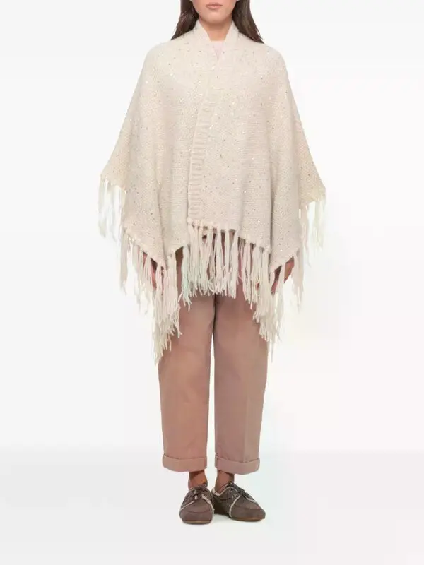 Peserico Sequin-embellished Fringed Cape - White