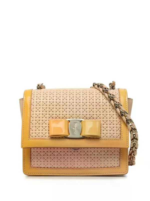 FERRAGAMO 2021 Mini Patent Trimmed Perforated Leather Vara Ginny Crossbody Bag - Neutrals