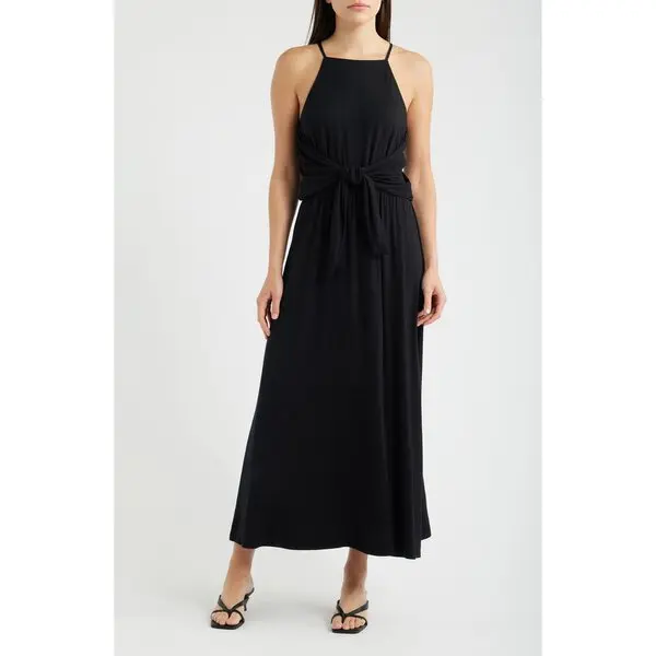 Loveappella Maxi Dress With Tied Waist And Apron Bodice - Black