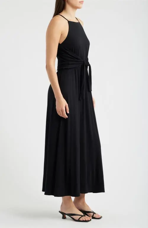 Loveappella Maxi Dress With Tied Waist And Apron Bodice - Black