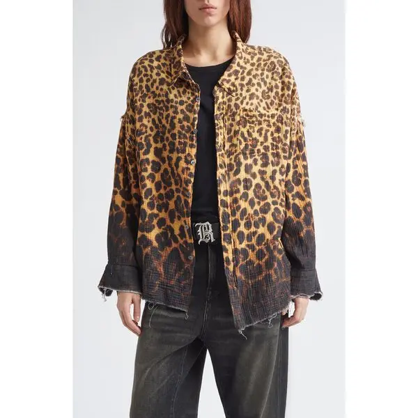 R13 Oversize Shredded Seam Drop Neck Leopard Print Button-up Shirt - Dipped Brown Leopard