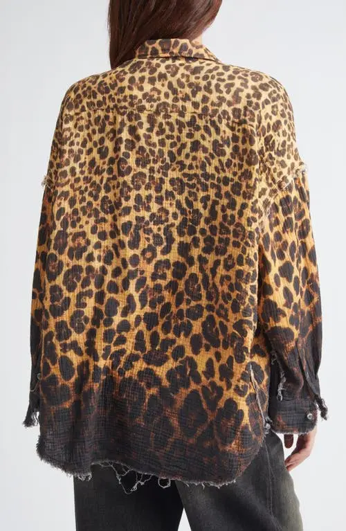 R13 Oversize Shredded Seam Drop Neck Leopard Print Button-up Shirt