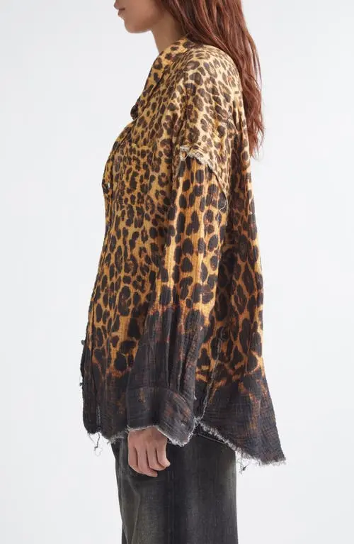 R13 Oversize Shredded Seam Drop Neck Leopard Print Button-up Shirt