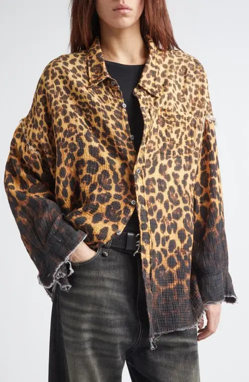 R13 Oversize Shredded Seam Drop Neck Leopard Print Button-up Shirt
