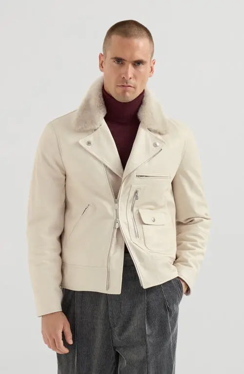 Brunello Cucinelli Nappa Leather Biker Jacket With Thermore® Padding And Detachable Shearling Collar - Ivory