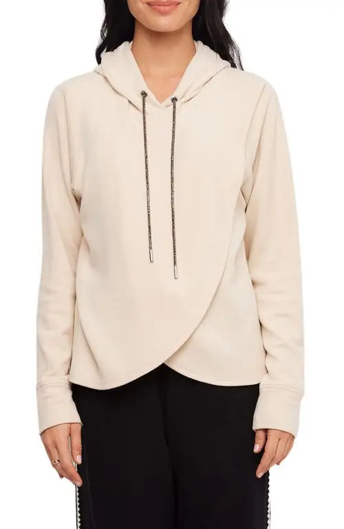 Karen Kane Rhinestone Drawstring Crossover Hoodie - Ecru