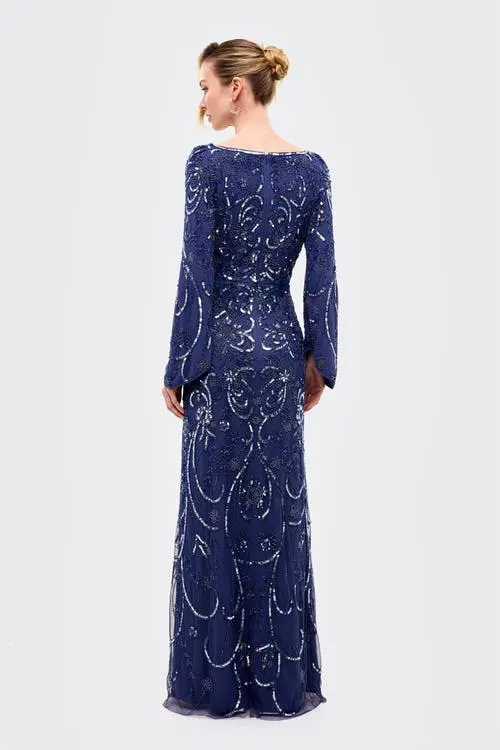 BEAUUT Deep Neck Embellished Sequins Maxi Dress