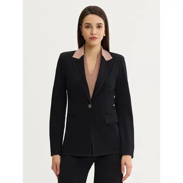 Misook Tailored Luxestretch Contrast Stitch Blazer - Black/charmeuse