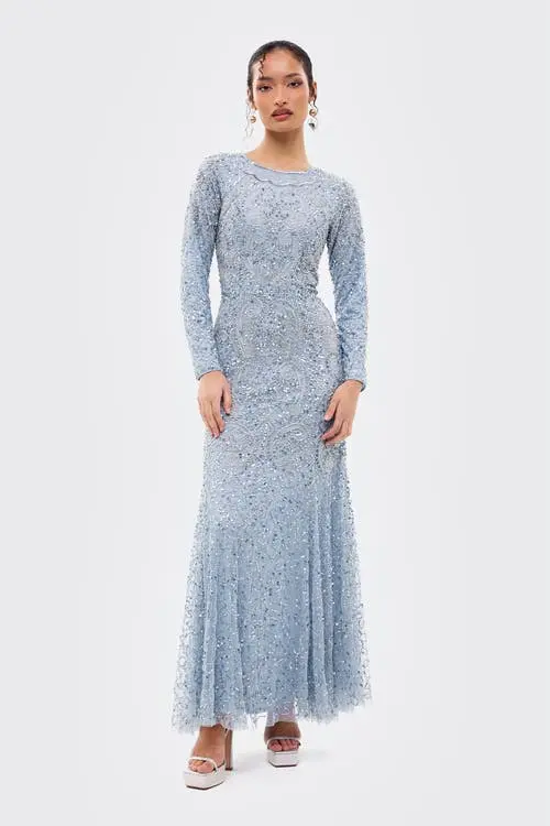 MARYISA Modest Embellished Sequins Fitted Maxi Dress