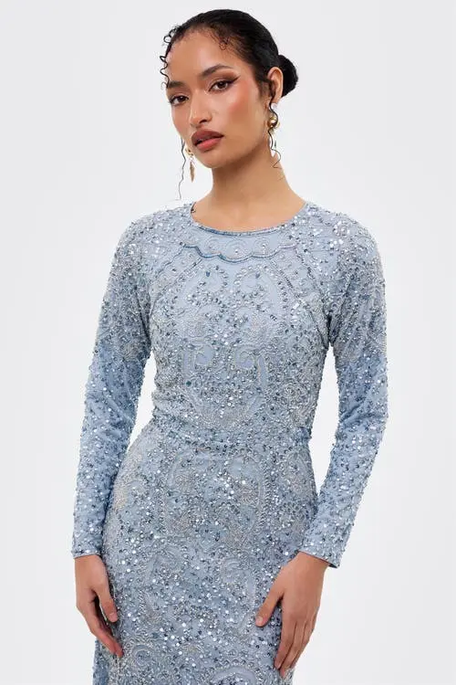 MARYISA Modest Embellished Sequins Fitted Maxi Dress