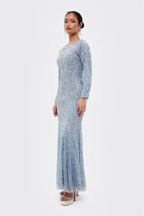 MARYISA Modest Embellished Sequins Fitted Maxi Dress