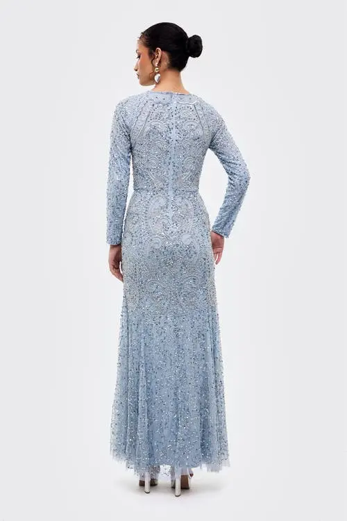 MARYISA Modest Embellished Sequins Fitted Maxi Dress