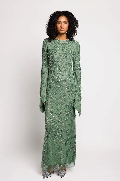 MARYISA Modest Embellished Sequins Flutter Sleeves Gown