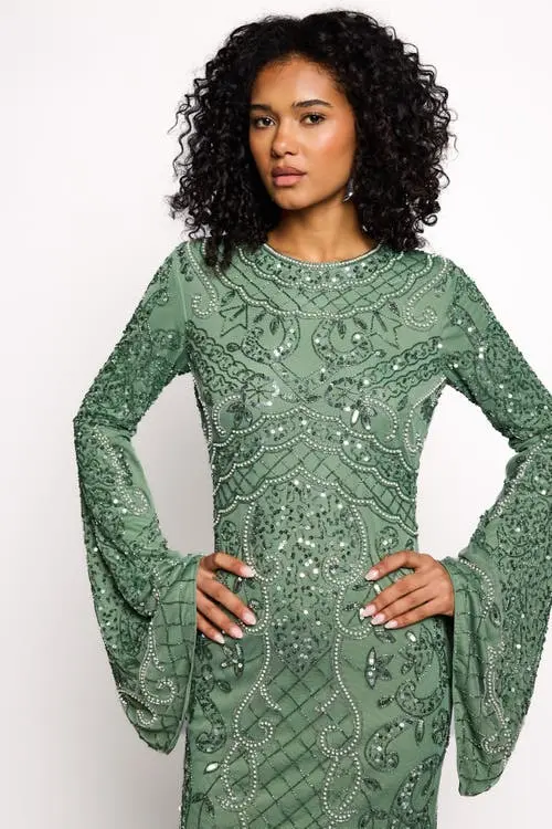 MARYISA Modest Embellished Sequins Flutter Sleeves Gown