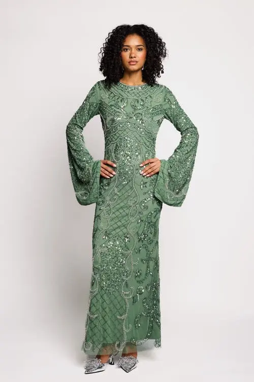 MARYISA Modest Embellished Sequins Flutter Sleeves Gown