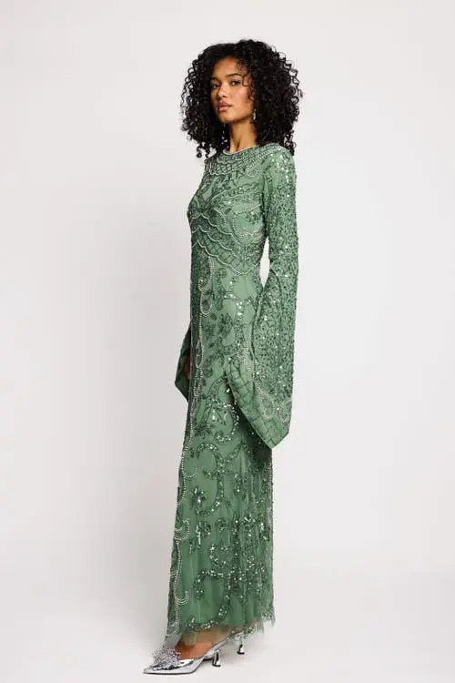 MARYISA Modest Embellished Sequins Flutter Sleeves Gown