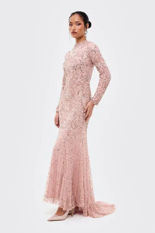 MARYISA Modest Embellished Sequins Trail Gown