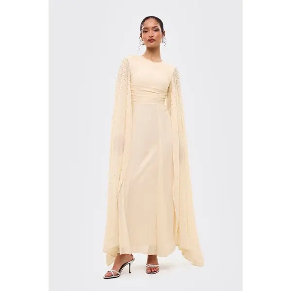 MARYISA Modest Cape Embellished Sequins Maxi Dress