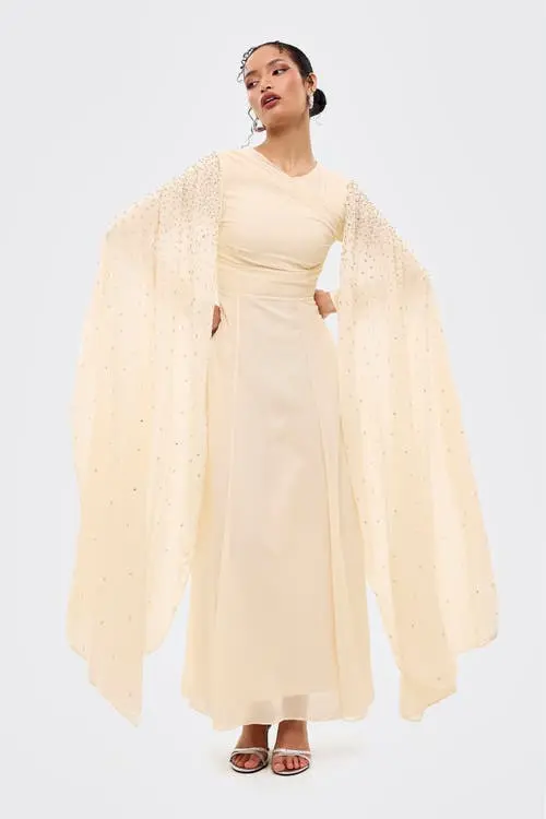 MARYISA Modest Cape Embellished Sequins Maxi Dress