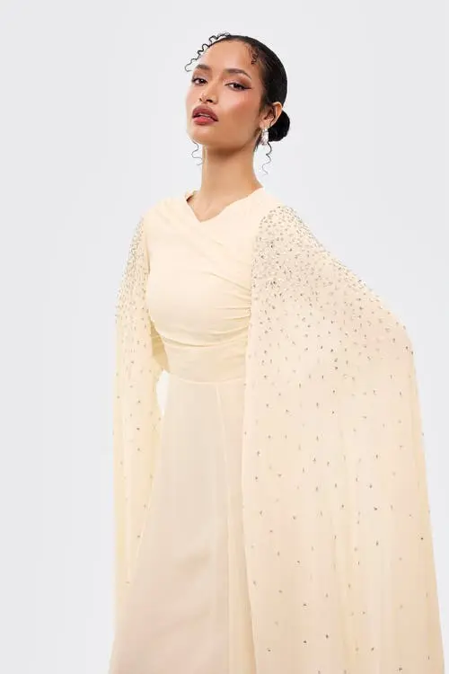 MARYISA Modest Cape Embellished Sequins Maxi Dress