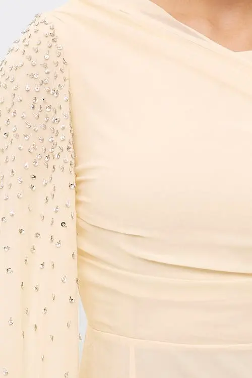 MARYISA Modest Cape Embellished Sequins Maxi Dress