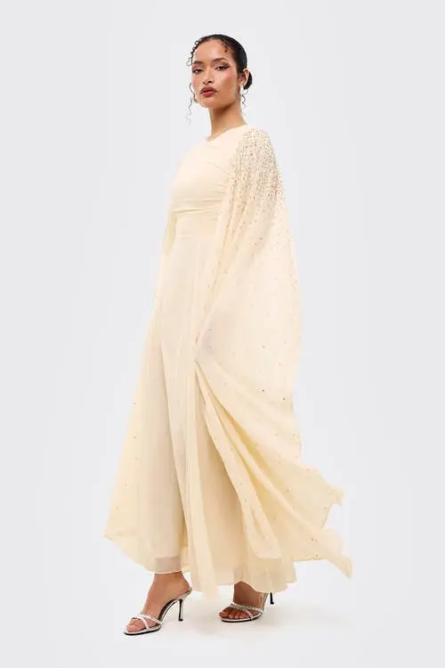 MARYISA Modest Cape Embellished Sequins Maxi Dress